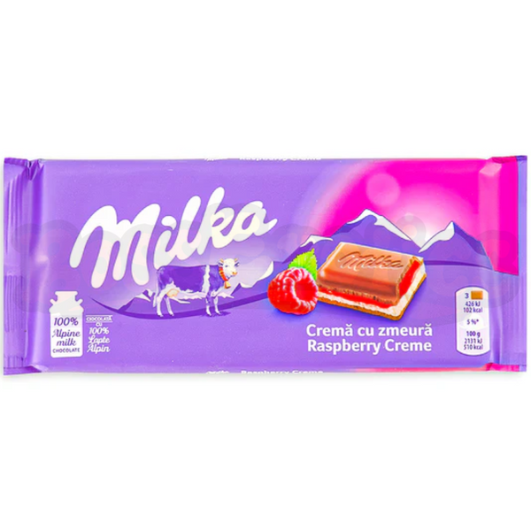 Milka Chocolate Raspberry Creme Bar Alpine Milk (100g) : Switzerland ...